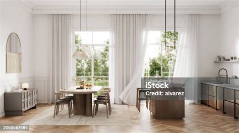 자연 전망이 있는 고요한 현대 주방의 디지털 일러스트레이션 창문에 대한 스톡 사진 및 기타 이미지 창문 커튼 아파트 Istock