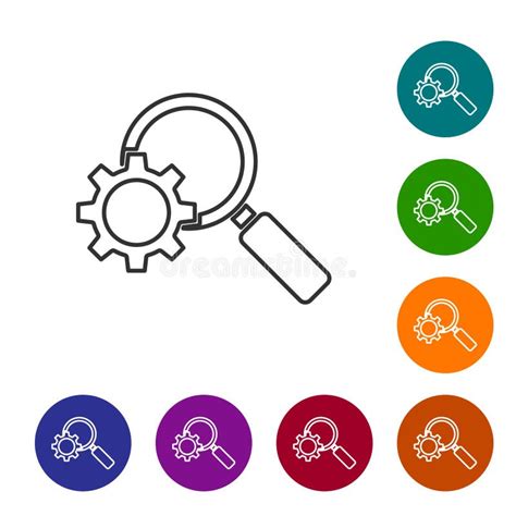 Black Line Magnifying Glass And Gear Icon Isolated On White Background