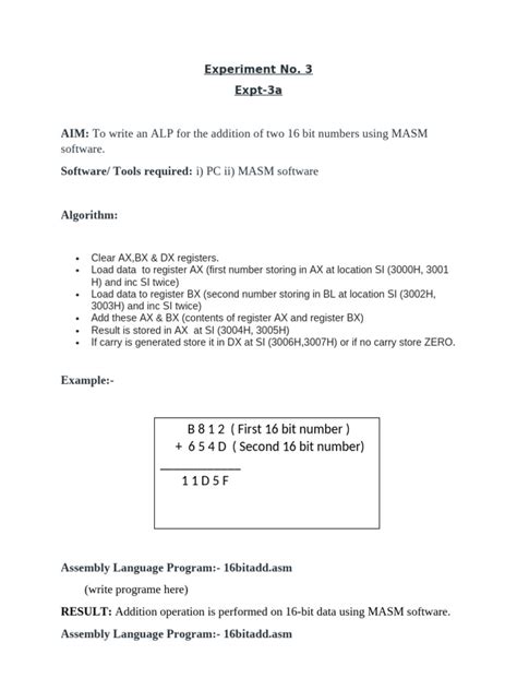 Alp For 16 Bit Addition And Subtraction Pdf Assembly Language