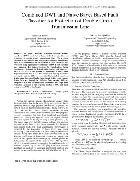 Pdf Classification Of Transmission Line Faults Using Wavelet
