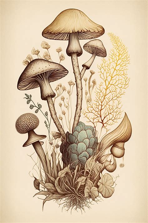 Antique Style Mushroom Art Botanical Illustration Digital Etsy