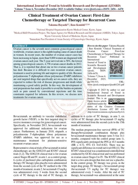 Clinical Treatment Of Ovarian Cancer First Line Chemotherapy Or Targeted Therapy For Recurrent