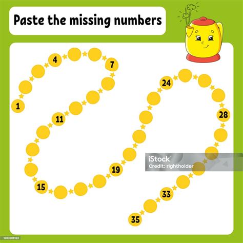 누락된 숫자를 붙여넣습니다 필기 연습 아이들을위한 학습 번호 교육 개발 워크 시트 색상 활동 페이지 어린이를위한 게임 만화 스타일의 고립 된 벡터 일러스트레이션 0명에 대한