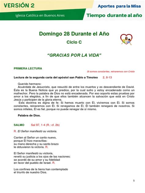 Domingo 28 Durante El Año Gracias Por La Vida Pdf Misa Liturgia