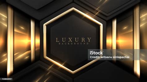 금색 육각형 프레임과 반짝이는 조명 효과 장식이 있는 기하학적 모양 요소가 있는 고급스러운 검은색 배경 현실적인 3d 스타일 디자인 벡터 그림입니다 육각형에 대한 스톡 벡터