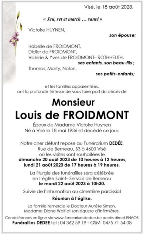 Décès De Monsieur Louis De Froidmont Amicale Des Anciens Du Collège