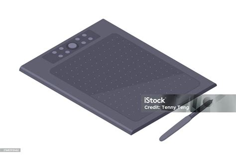 아이소 메트릭 드로잉 태블릿 스타일러스 아이소 메트릭 펜 태블릿 3d 벡터 일러스트 레이 션과 현대 예술가 휴대용 장치 개인 예술적 가제트 3차원 형태에 대한 스톡 벡터
