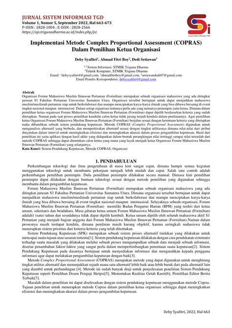 Pdf Implementasi Metode Complex Proportional Assessment Copras Dalam Pemilihan Ketua Organisasi