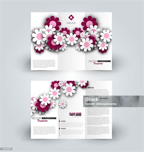 브로셔 디자인 크리에이 티브 트라이 폴드 템플릿 기하학적 꽃 배경 리플 렛 레이아웃입니다 핑크 색상 벡터 일러스트입니다 3단 브로슈어에 대한 스톡 벡터 아트 및 기타 이미지