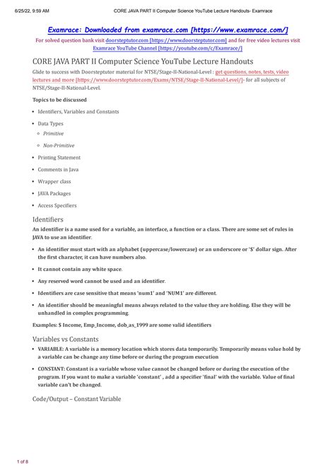 Solution Core Java Part Ii Computer Science Youtube Lecture Handouts