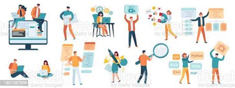 프로그래머 개발자 및 디자이너 It 전문가 프리랜서 게이머 Smm 관리자 및 웹 개발자 컴퓨터 벡터 집합에서 작업하는 사람 비즈니스에 대한 스톡 벡터 아트 및 기타 이미지