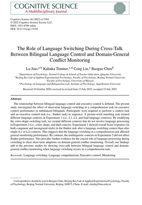 Pdf The Role Of Language Switching During Cross‐talk Between Bilingual Language Control And