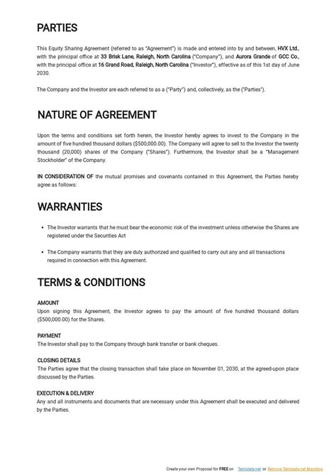 Equity Agreement Template Free Sample Example And Format Template