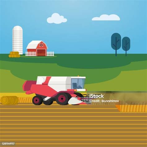 농업과 농업에 대한 벡터 일러스트와 수확기 수확곡물 작물을 결합합니다 중장비 빨간 헛간 배경에 녹색 필드가 있는 경작 경관