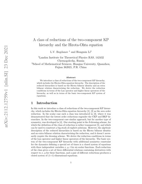 Pdf A Class Of Reductions Of The Two Component Kp Hierarchy And The Hirota Ohta Equation