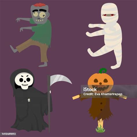 컬렉션 캐릭터 마녀 저승사자 만화 무서운 악의 그림 유령 좀비 일러스트레이션 미라 악마 허수아비 공포 외계인 뱀파이어 괴물 으스스한 그래픽 디자인 공포 무서움에 대한 스톡