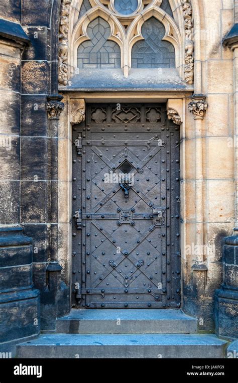 Medieval Castle Door With Door Knocker Handle And Ornaments Stock