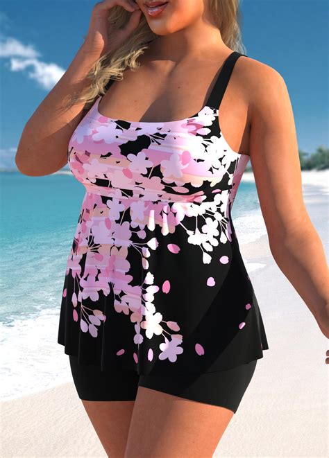 Rotita Pink Floral Print Plus Size Tankini Top Usd 2798