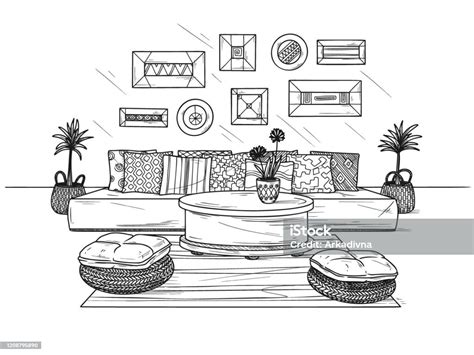 보헤미안 스타일로 아늑한 거실을 스케치하십시오 소파 테이블 및 다양한 장식 요소 스케치 스타일의 벡터 일러스트레이션입니다 거실에 대한 스톡 벡터 아트 및 기타 이미지