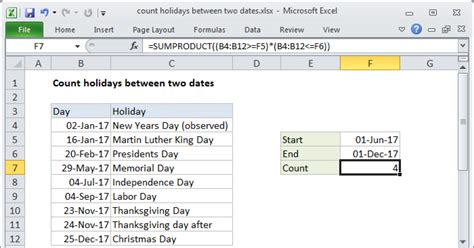 Count Holidays Between Two Dates Excel Formula Exceljet