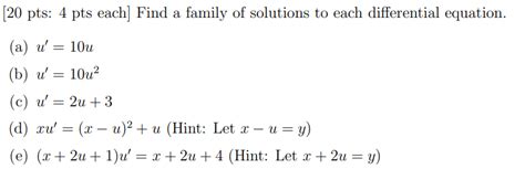 Solved 20 Pts 4 Pts Each Find A Family Of Solutions To Chegg Com