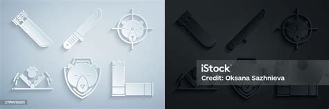 방패에 곰 머리를 설정하고 십자선으로 곰을 사냥하고 함정 사냥 카트리지 헌터 나이프 및 화살통 화살 아이콘을 설정합니다 벡터 3차원 형태에 대한 스톡 벡터 아트 및 기타