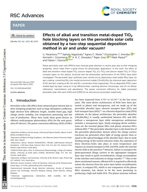 Pdf Effects Of Alkali And Transition Metal Doped Tio 2 Hole Blocking