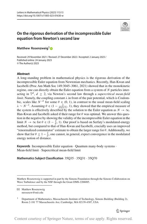 Pdf On The Rigorous Derivation Of The Incompressible Euler Equation