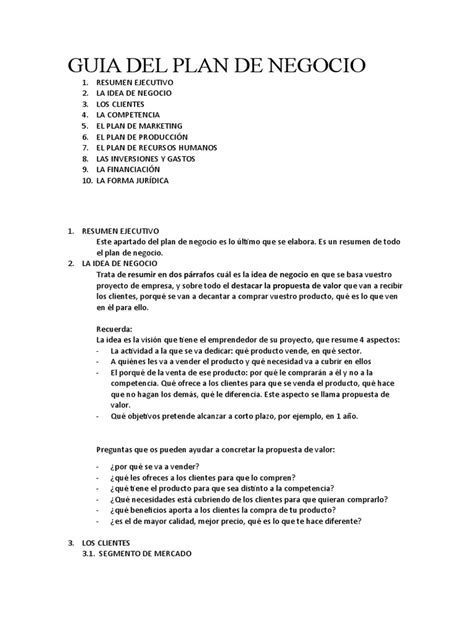 Guia Del Plan De Negocio Pdf Marketing Producto Negocio