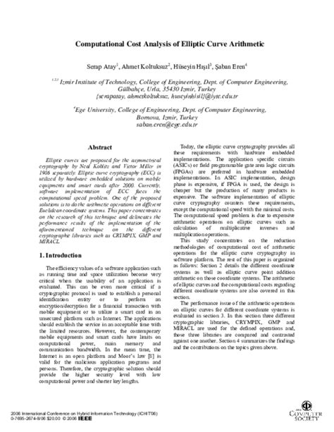 Pdf Computational Cost Analysis Of Elliptic Curve Arithmetic