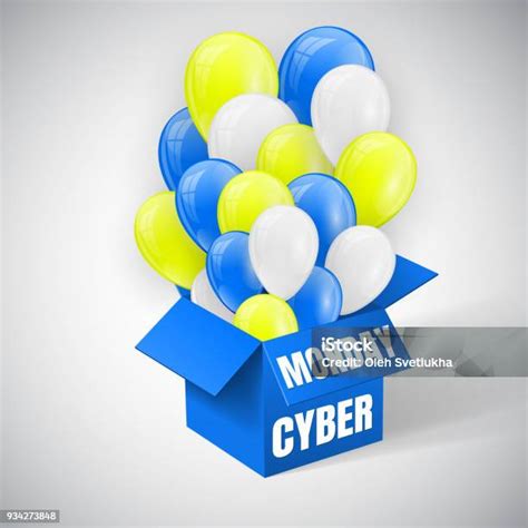 사이버 월요일 판매 포스터 파란색 노란색 흰색 빛나는 풍선 뭉치 오픈 파란색 상자에서 비행 벡터 일러스트 레이 션 3차원 형태에 대한 스톡 벡터 아트 및 기타 이미지