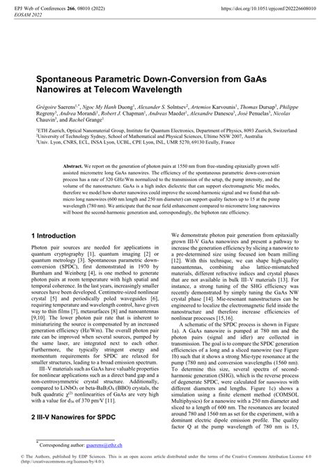 Pdf Spontaneous Parametric Down Conversion From Gaas Nanowires At Telecom Wavelength