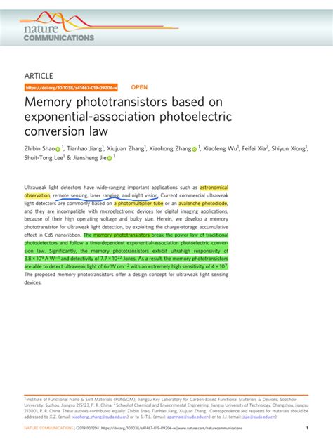 1 2019 Memory Phototransistors Based On Exponential Association