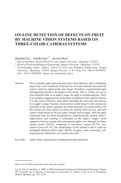 Pdf On Line Detection Of Defects On Fruit By Machinevision Systems Based On Three Color
