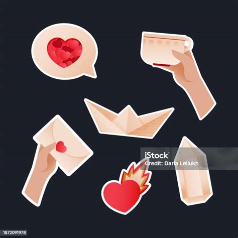 발렌타인 스티커 팩 현대 평면 벡터 개념 그림입니다 하트 핸드 홀드 컵 핸드 홀드 엔벨롭 텍스처와 종이 배 불꽃과 하트 스톤 아이콘과 채팅 상자 소셜 미디어 광고 2월에