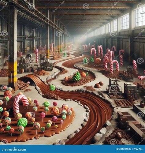 A Candy Factory Scene In An Empty Warehouse With Chocolate Rve Stock