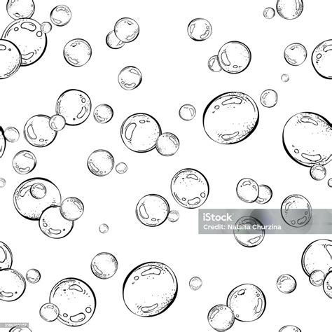 다양한 크기와 색조의 푸른 물방울이 혼란스러운 순서로 나타납니다 그래픽 선형 드로잉 손으로 그린 흑백 흑백 항해의 원활한 패턴 구에 대한 스톡 벡터 아트 및 기타 이미지