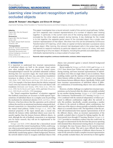Pdf Learning View Invariant Recognition With Partially Occluded Objects