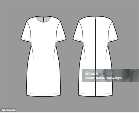 라운드 넥 팔꿈치 소매 무릎 아래 길이가 있는 백 지퍼 업 오버사이즈 드레스 테크니컬 패션 일러스트레이션 0명에 대한 스톡 벡터 아트 및 기타 이미지 Istock