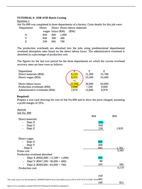 Tutorial 6 Job Batch Costing Pdf Cost Of Goods Sold Cost