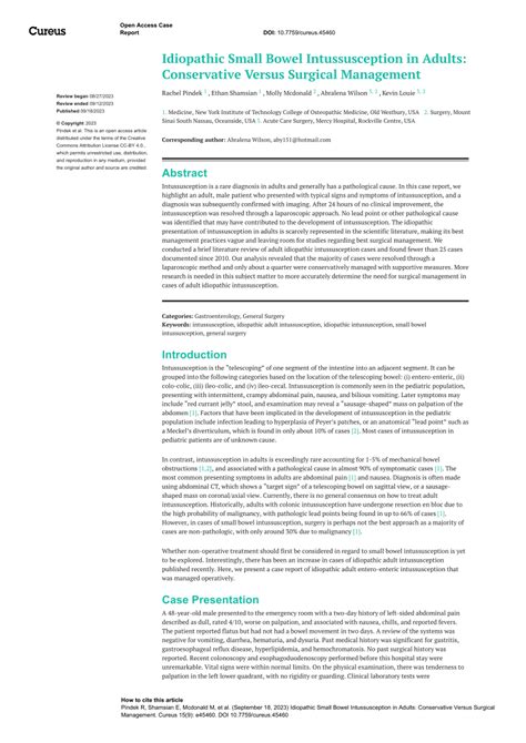 Pdf Idiopathic Small Bowel Intussusception In Adults Conservative Versus Surgical Management