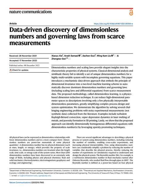 Pdf Data Driven Discovery Of Dimensionless Numbers And Governing Laws From Scarce Measurements