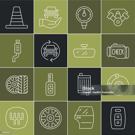 리모컨 브레이크 디스크 캘리퍼 체크 엔진 타이어 압력 게이지 서비스 머플러 교통 콘 및 미러 아이콘을 갖춘 세트 차량 키를 설정합니다 벡터 순서에 대한 스톡 벡터 아트 및