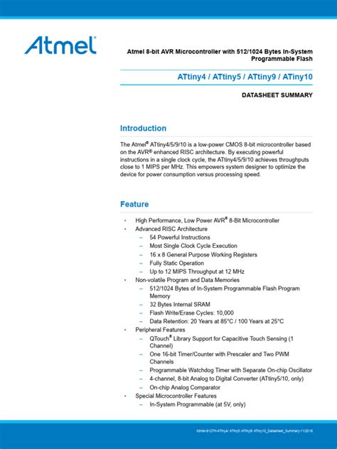 Atmel 8127 Avr 8 Bit Microcontroller Attiny4 Attiny5 Attiny9 Attiny10 Datasheet Summary Pdf
