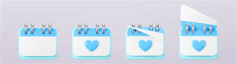 하트 아이콘이 분리된 3d 파란색 달력입니다 매일 결혼식 이벤트 일정 플래너 발렌타인 데이 생일의 렌더링 통제 여성 주기를 위한 생리 달력 3d 만화 간단한 벡터 일러스트