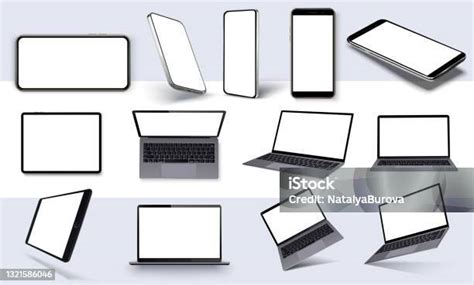 현실적인 스마트 폰 노트북 Pc 태블릿 모형 장치 Ui 프레젠테이션 템플릿에 대한 Ux 모형 빈 디스플레이 격리 된 템플릿 다른 각도 보기장치 프레임 3d 아이소메트릭 벡터