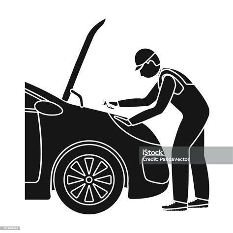 자동 기계공 및 조정 단일 아이콘 디자인에 대 한 블랙 스타일에 자동차 정비 역 벡터 기호 재고 일러스트 레이 션 웹입니다 건강 진단에 대한 스톡 벡터 아트 및 기타 이미지