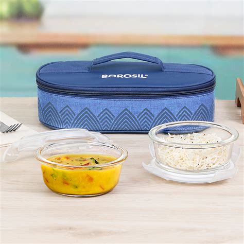 Borosil Borosil Mealbox Blue Glass Lunchbox Round X 2 Flat