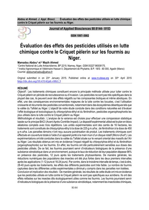 Pdf Évaluation Des Effets Des Pesticides Utilisés En Lutte Chimique Contre Le Criquet Pèlerin