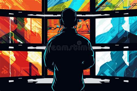 silhouette of hacker in front of multiple screens isolated illustration